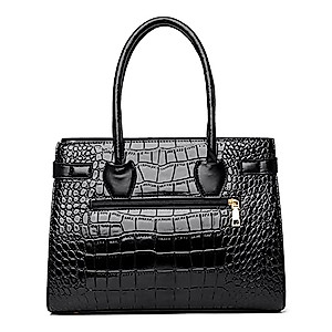 PU Leather Purses and Handbags Crossbody for Women Fashion Crocodile Pattern Top Handle Satchel Purse Set 3pcs (Black)