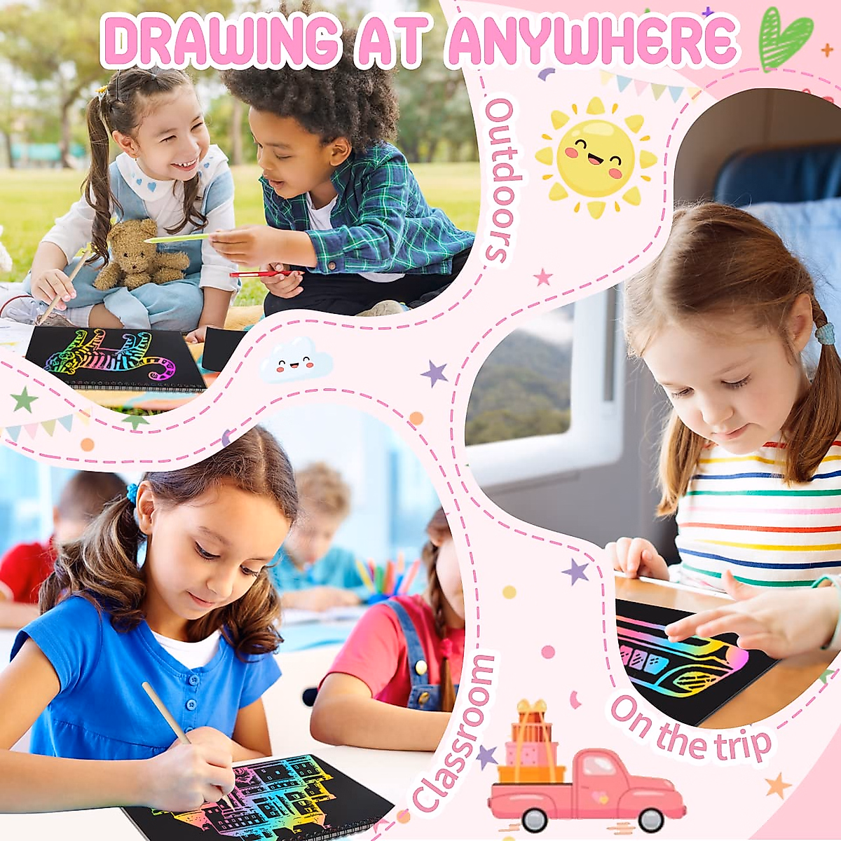 Rainbow Scratch Notebook Paper - Black Scratch Off Art Crafts Supplies Coloring Kit Toy for Kids Ages 3-9 Girls Boys DIY Children's Birthday Christmas Mother's Day Children's Day Gift 2 Pack