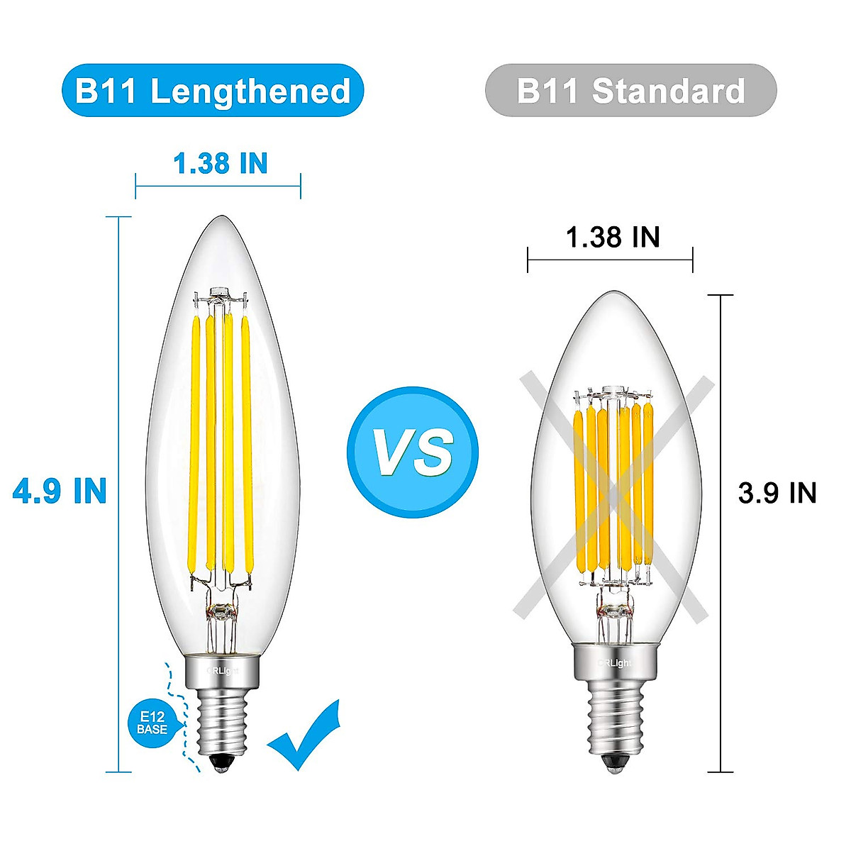 CRLight 8W 4000K LED Candelabra Bulb Daylight White, 80W Equivalent 800 LM Dimmable E12 LED Candle Bulbs, Upgraded Lengthened B11 Clear Glass Torpedo Shape Chandelier Light Bulbs, 4 Packs