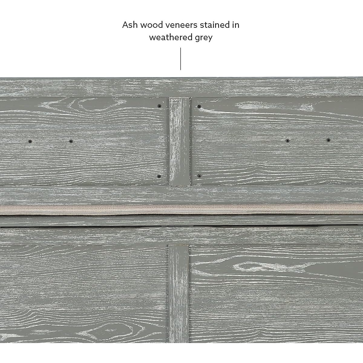 Linon Weathered Grey Carlton Storage Bench with Beige Upholstered Back and Cushioned Seat