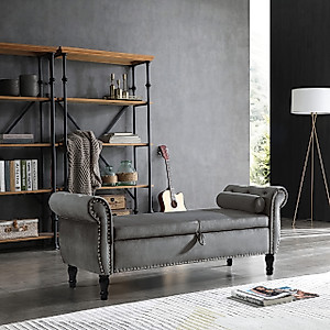 Yoglad Accent Lounge Chaise, Chesterfield Style Chaise Lounge, Upholstered Ottoman Chair, Button-Tufted Bench with Pillow for Living Room, Bedroom, Entryway (Grey, 63 Inch Storage Ottoman, Velvet)