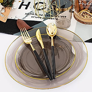 Supernal 180pcs Black Plastic Dinnerware Set,Black Plastic Plates,Clear Plastic Plates with Gold Rim,Gold Plastic Silverware,Black Clear Gold Cups for Christmas, Thanksgiving, Halloween