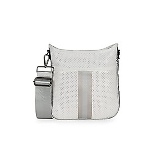 Jeri Vapor Crossbody Tote by Haute Shore, White Coated W/Silver & Rosegold Stripe
