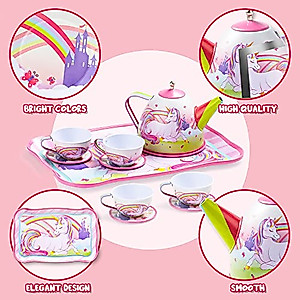 JOYIN Unicorn Tea Set for Toddlers Tea Party Set for Children Kids Pretend Role Play Tin Teapot Set with Cups, Plates and Carrying Case Kitchen Toy for Little Girls Birthday Gifts Age 3 4 5 6