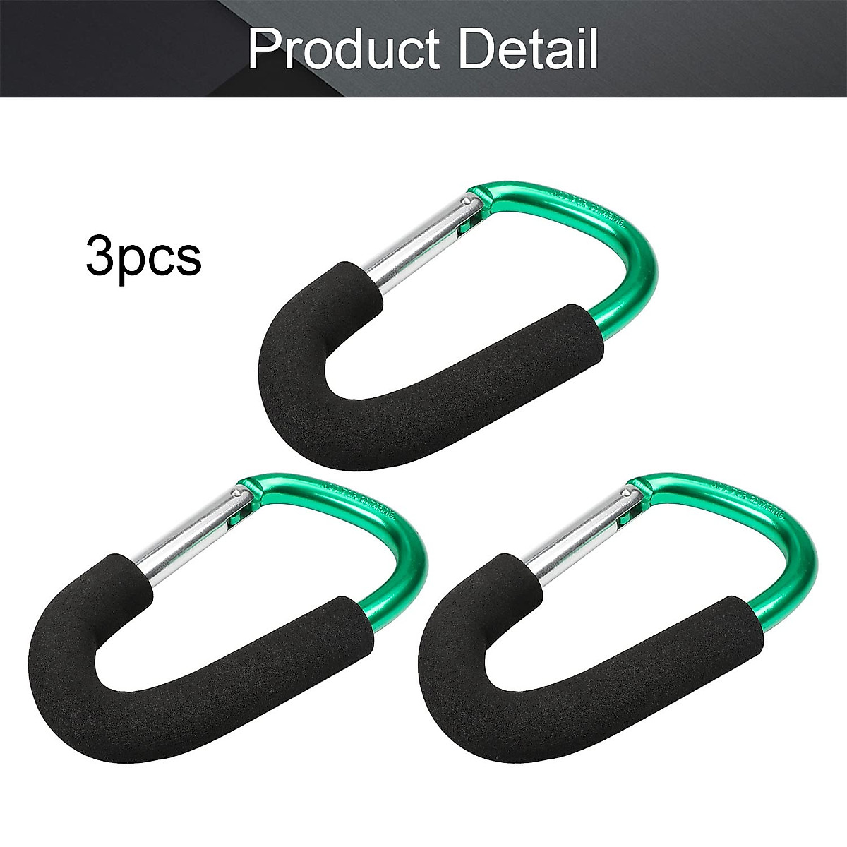 MroMax 3PCS Stroller Hooks, 5.5inches Carabiner Clip, Green Easier Travel Hook, Dog Stroller Leash Hook, Soft Foam Grip, Purse Holder, Large Clips for Hanging Bags, Backpack, Diaper Organizer