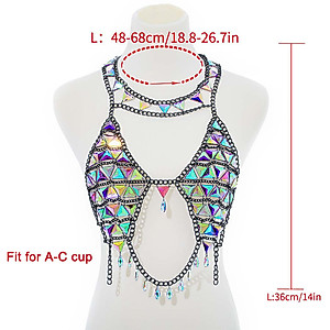 Aiosy Boho Body Chain Bra Silver Sexy Rhinestone Bikini Bra Body Halter Backless Sequins Chain Bra Beach Body Accessories Jewelry for Women (Top)