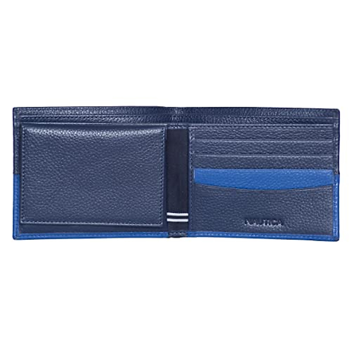 Nautica Men's Pebble Two-Tone Bifold Leather Wallet and Passcase with 4 slots and RFID Protection, Cobalt Blue
