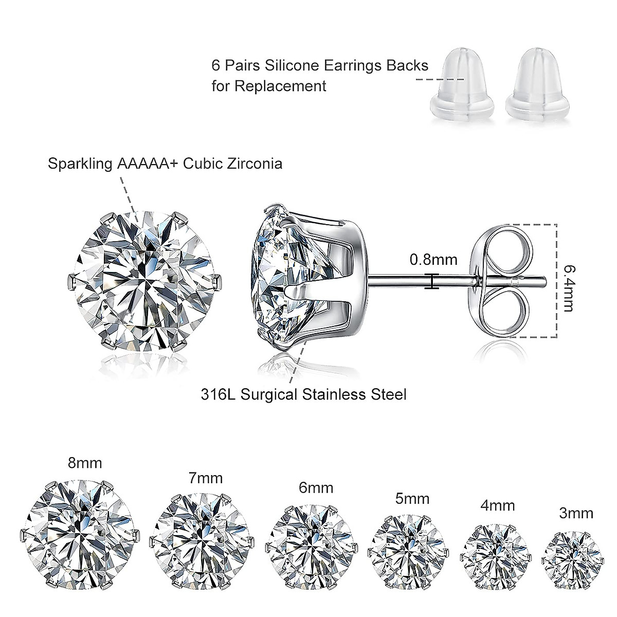 6 Pairs Stainless Steel Stud Earrings Set,Stainless Steel Hypoallergenic Cubic Zirconia Earring Stud earrings Set(6 Pairs)