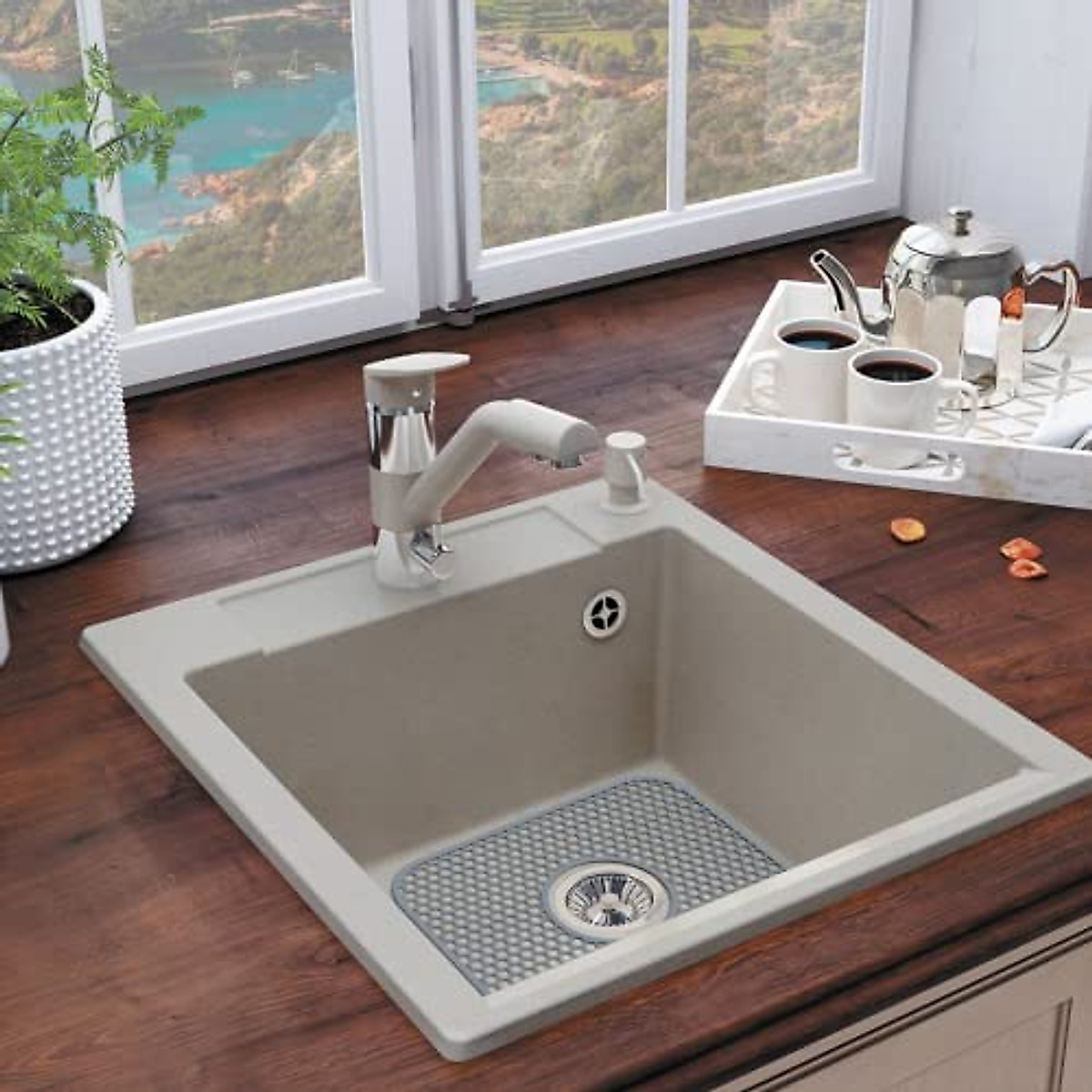 Bestjing Silicone Sink Mat, 13.58''x 11.6'' Sink Protectors for Kitchen Sink with Center Drain, Folding Non-Slip Heat Resistant Sink Mat Grid for Bottom of Stainless Steel Porcelain Sink (Center Hole)