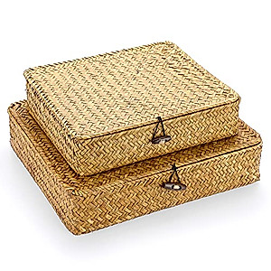 Hipiwe Set of 2 Flat Woven Wicker Storage Bins with Lid Natural Seagrass Basket Boxes Multipurpose Home Organizer Bins Boxes for Shelf Organizer, Caramel
