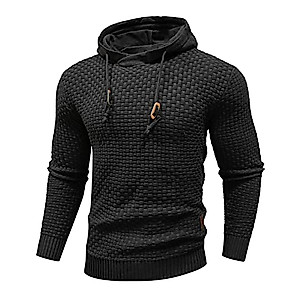 Zaitun Mens Hooded Sweatshirt Long Sleeve Solid Knitted Hoodie Pullover Sweater Black
