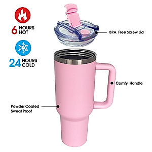 Yerivei 40 oz Tumbler with Handle and Straw Lid,Insulated Reusable Stainless Steel Water Bottle Travel Mug，Cupholder Friendly Double Wall Vacuum Sealed Cup (Pink)