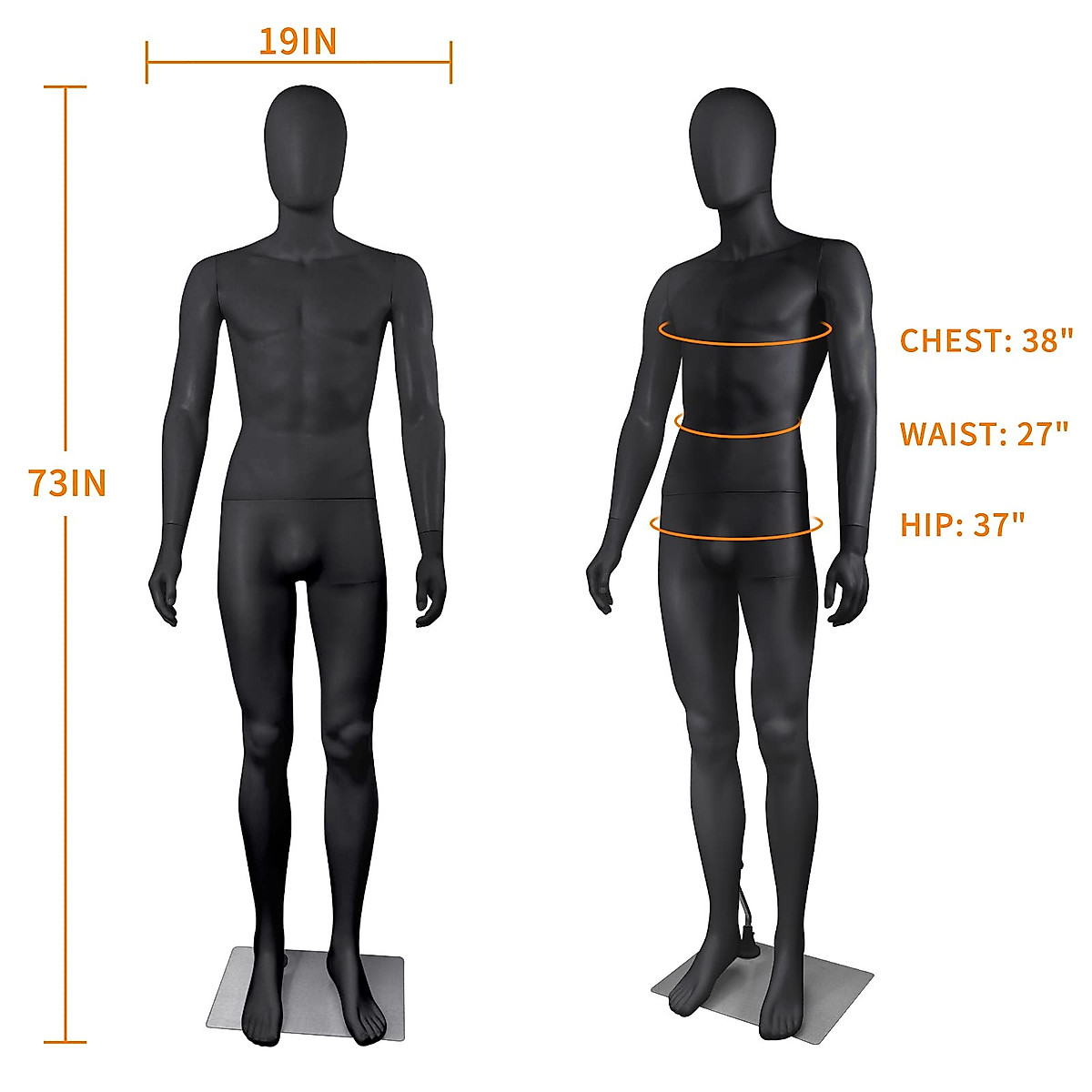 Male Mannequin Full Body Maniquine Model Stand Adjustable 73 inch Faceless Plastic Detachable Manequins Stand Metal Base Metal Connector, Black Matte