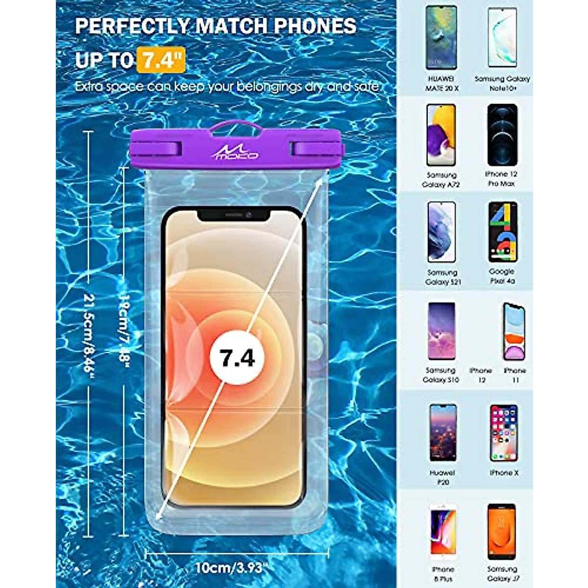 MoKo Waterproof Phone Case 2 Pack, IPX8 Underwater Phone Pouch Dry Bag Compatible with iPhone 14 13 12 11 Pro Max X/Xr/Xs/8/7 Plus, Galaxy S21/S20 Plus/Note 10/9 up to 7.4"