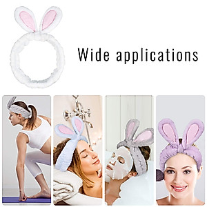 Whaline 4 Pack Easter Bunny Makeup Headband Rabbit Ear Spa Hair Band Coral Fleece Elastic Head Wrap Stretchy Headband for Party Face Washing Beauty Shower Women Girls (Blue, White, Gray, Purple)