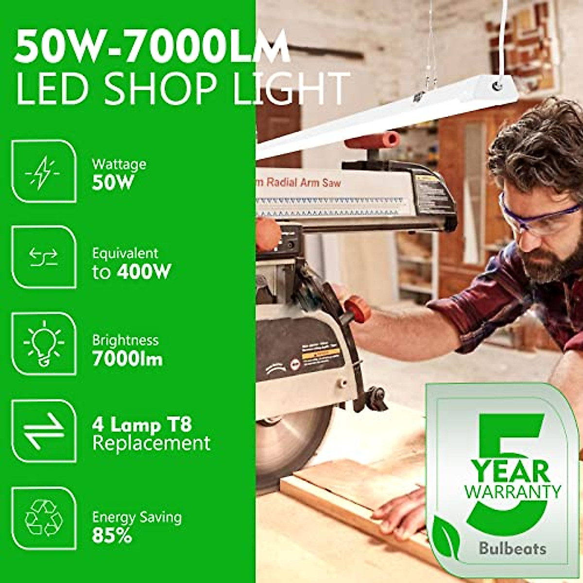 bulbeats Compact LED Shop Light 4FT, 50W Surface/Suspension Mount 4FT Lights Fixture, 7000Lm 5000K T8 Integrated LED Tube Light with 5' Power Cord Ideal for Garage Basement Workshop-4Pack