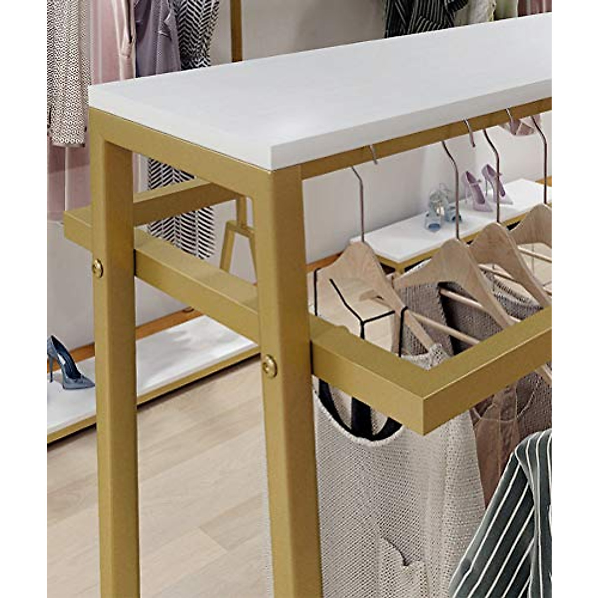 FONECHIN Metal Garment Rack with 2 Wood Shelves Gold Clothing Rack Heavy Duty Free-Standing Retail Display Clothes Racks for Hanging Clothes Boutique Store 59"
