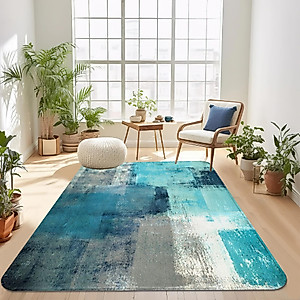 Teal and Grey Area Rug 5x7, Washable Large Rugs for Living Room, Ultra Soft Non-Slip Bedroom Rug Abstract Art Painting Farmhouse Carpet Rug for Dining Room Dorm Office Home Decor