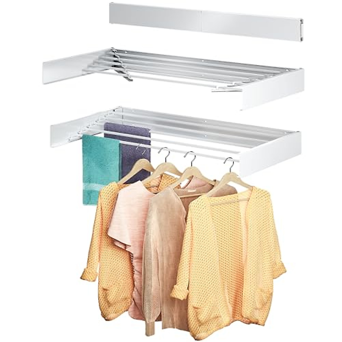 Laundry Drying Rack Collapsible, Wall Mounted, Clothes Drying Rack, 31.4" Wide, 13.2 Linear Ft, 5 Aluminum Rods, 60 lb Capacity, with Wall Template, Screwdriver Bit, Drill Bit ( White 31.4" Medium )