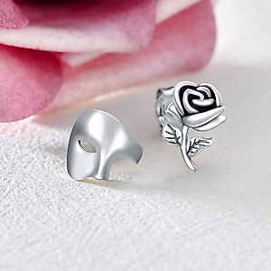 YAFEINI Phantom of The Opera Mask and Rose Flower Earrings Sterling Silver Half Face Mask Stud Earrings Theatre Jewelry Gifts for Women Men