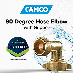 Camco 90-Degree Hose Elbow For RVs — Solid Brass Construction— Certified Lead-Free — Features Convenient Easy Grip Connector — For RV Water Hoses, Residential Outdoor Faucets, & More — 2-Pack (22507)