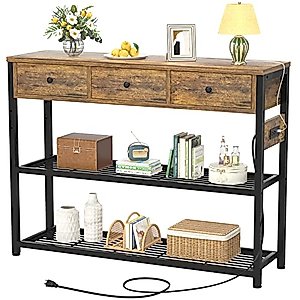 Ecoprsio 47'' Entryway Table with Outlets and USB Ports, Console Table with 3 Drawers, Sofa Table Narrow Long with Storage Shelves for Living Room, Couch, Hallway, Foyer, Kitchen Counter, Rustic Brown