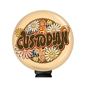 Retro Custodian Badge Reel - Unique Gift for Janitor - Custodian Badge Holder - Retro Badge Clip - Groovy Floral Retractable Nametag Reel - Vintage Designed ID Name tag Accessory