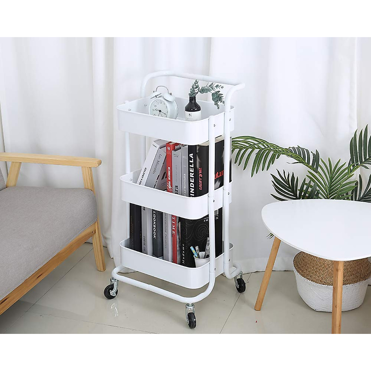 3-Tier Metal Mesh Rolling Cart Storage Organizer with Utility Handle and Wheels, White