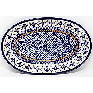 Polish Pottery Oval Serving Platter From Zaklady Ceramiczne Boleslawiec Mosaic Flower Pattern, Dimensions: 12 Inch X 7.75 Inch