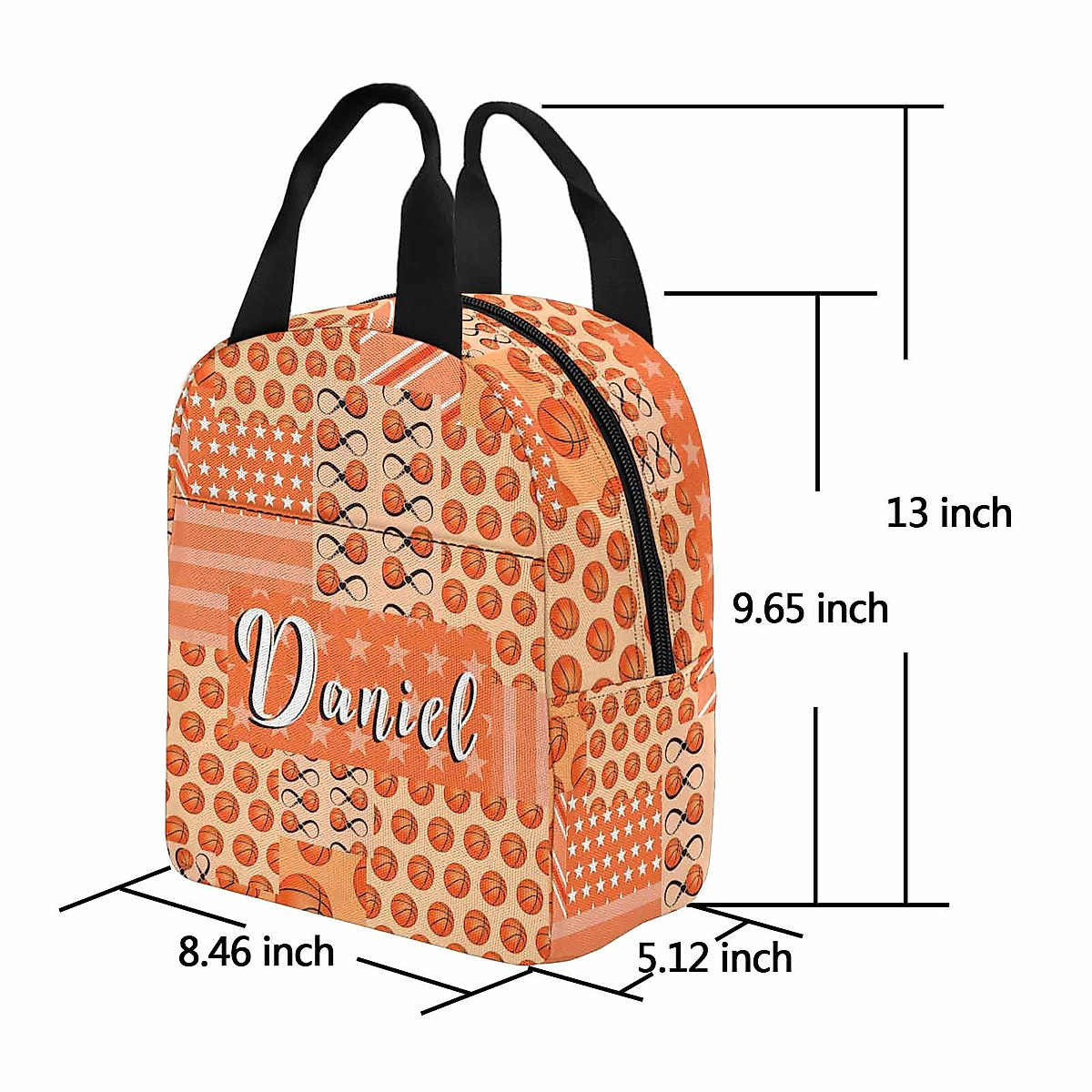 Custom Boys Insulated Lunch Bag with Name Reusable Lunch Bag for Teen Orange Basketball Personalized Lunch Totes Bags Cooler Lunch Bag for Kids Work School Picnic or Travel
