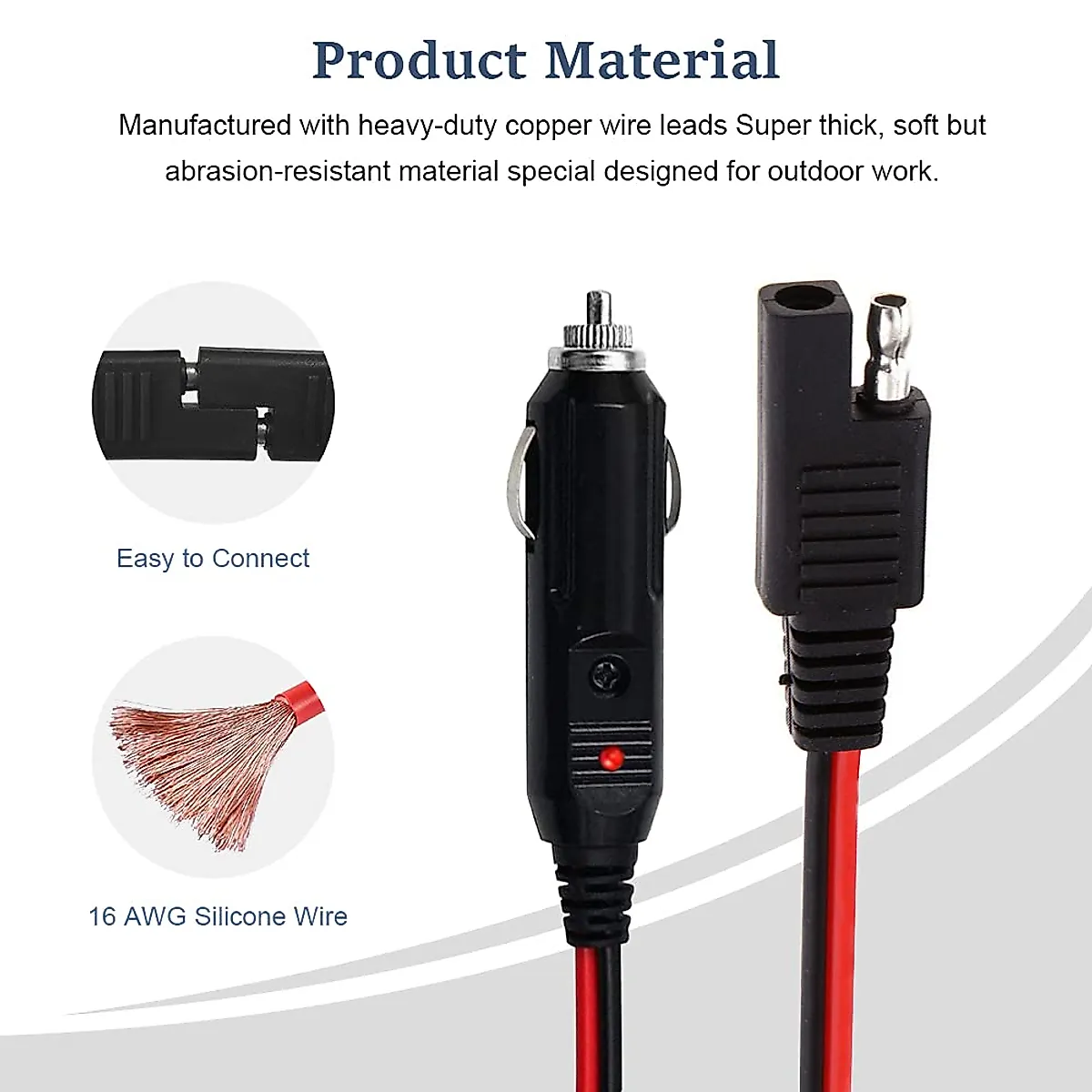 Cigarette Lighter SAE Battery Charger Cable, 16AWG 12V Cigarette Lighter Plug to SAE Quick Release Adapter Extension Charging Cable with Fuse and LED Light 5FT