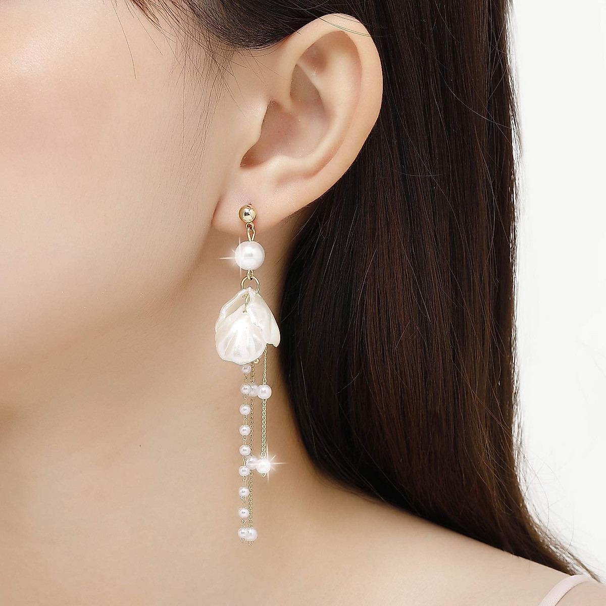 Kruckel Peach Blossom Floral Long Drop Dangling Earrings - Golden Studs with White Pearls, Jewelry for Women,Easy - Wear Fashion Design Accesory Packed with Durable Jewelry Box