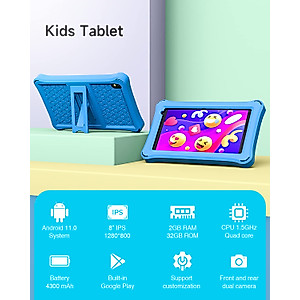 Tablet for Kids, 8 inch Kids Tablet 2GB RAM 32GB ROM Android 11 Tablets IPS Touch Screen 1280x800, Iwawa & Parent Control Toddler Tablet, WiFi, Dual Camera, 4300mAh Battery, Shockproof Case, Blue