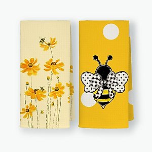 QODUNG Farmhouse Yellow Daisy Flowers and Honey Bee Soft Kitchen Towels Dishcloths 16x24 Inch Set of 2,Summer Spring Gifts Drying Cloth Hand Towels Tea Towels for Kitchen