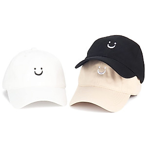 Umeepar 3 Pack Smile Face Cotton Baseball Cap Adjustable Low Profile Unstructured Dad Hat for Men Women (Black, White, Beige)