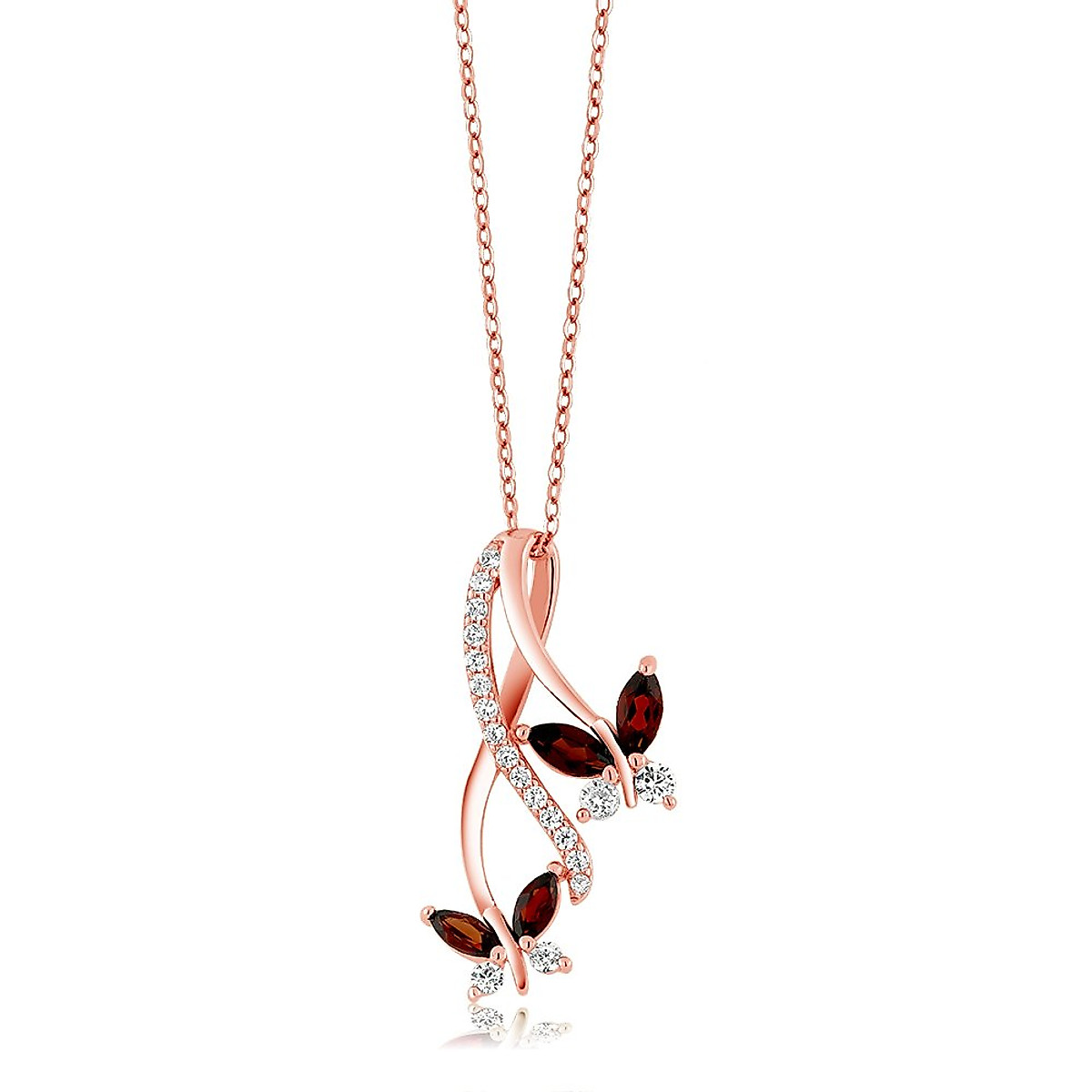 Gem Stone King 18K Rose Gold Plated Silver Red Garnet Butterfly Pendant Necklace For Women (1.21 Cttw, Marquise Cut Gemstone Birthstone, with 18 Inch Chain)