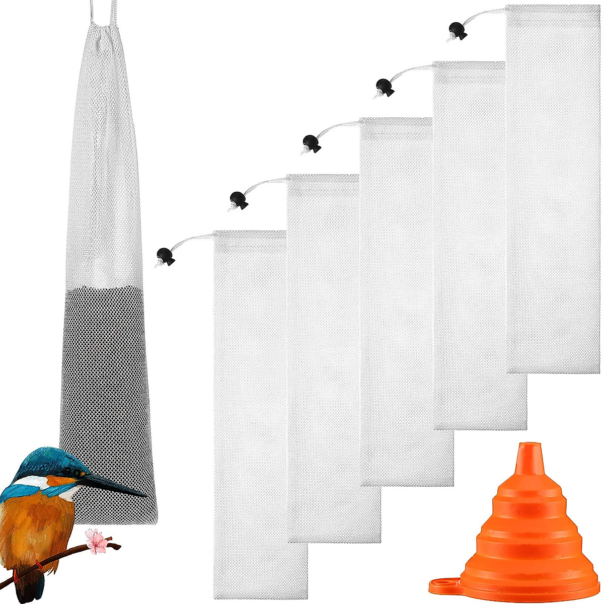 5 Pieces Thistle Sock Bird Feeder Thistle Seed Feeder Socks Thistle Feeder for Finches Finch Feeder Mesh Socks Bird Sack Feeders with Folding Food Funnel for Garden Yard Outdoor (White, 4 x 16 Inch)