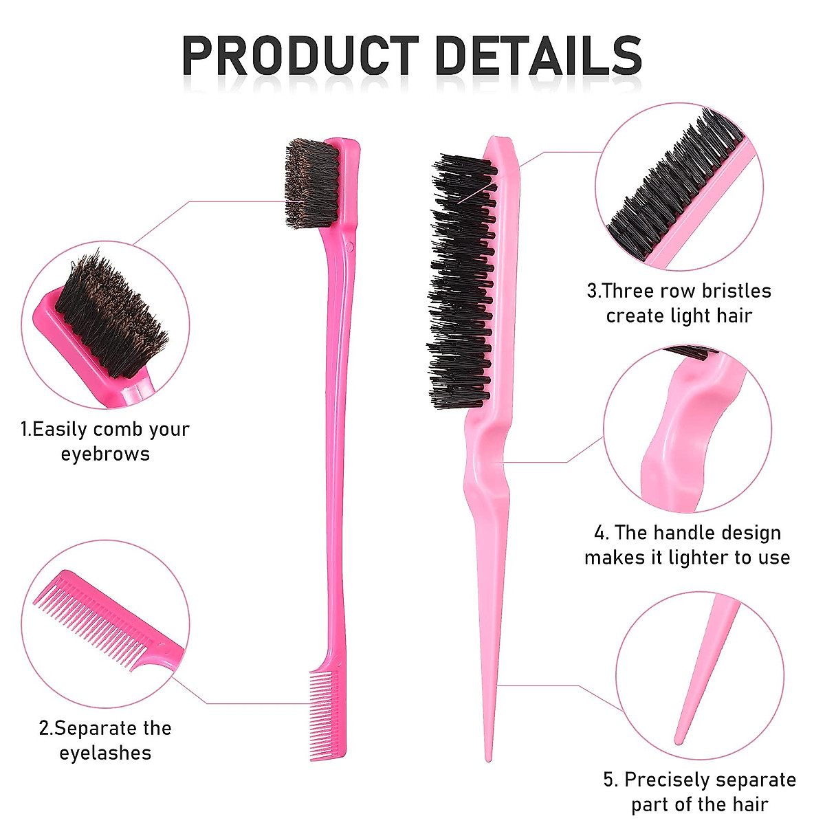 Remerry 12 Pieces Hair Brush Set, Nylon Teasing Hair Brushes 3 Row Salon Teasing Brush, Double Sided Edge Smooth Comb Grooming, Rat Tail Combs with Duckbill Clips for Women(Pink)