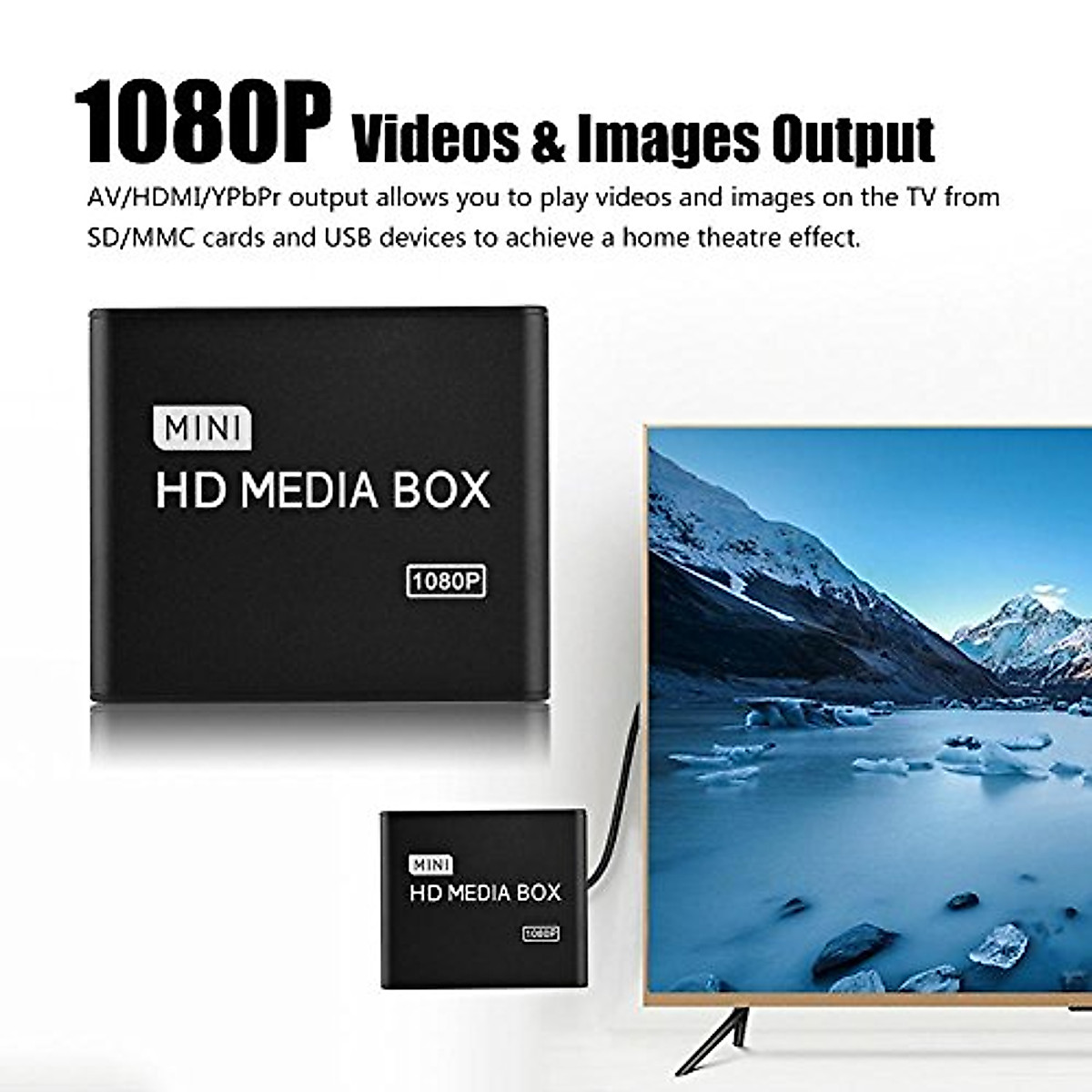 1080p HD Media Player, Mini MP4 Player Stereo Surrounding Sound with AV/HDMI/VGA/YPbPr Output with Remote Control Supports SD Cards and USB Drives Devices(US Plug)