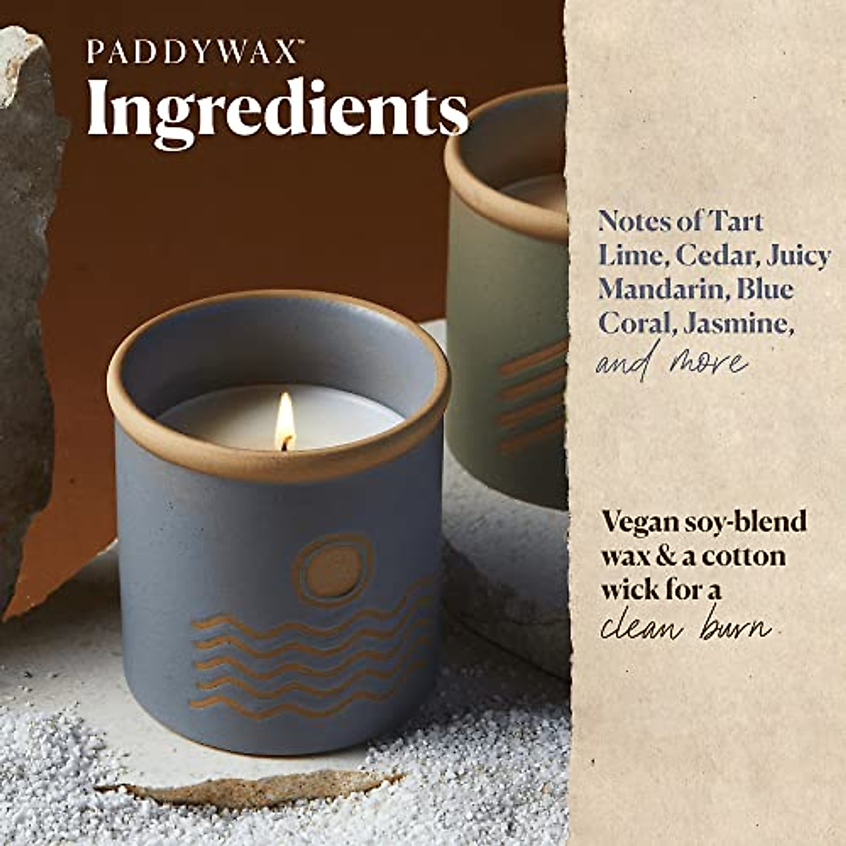 Paddywax Candles Dune Scented Soy Wax Candle, 8-Ounce Ceramic Jar with Burnished Cork Lid, Saltwater Suede