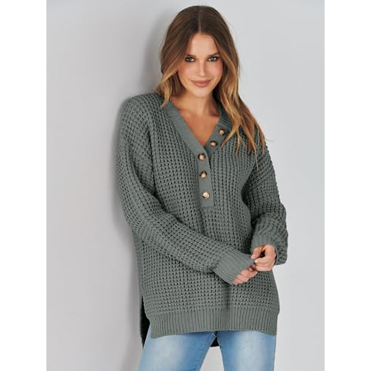 ANRABESS Womens Oversized Sweater Long Sleeve Loose V Neck Button Jumper Casual Waffle Side Slit Knit Pullover 2024 Clothes X-Large Gray Green