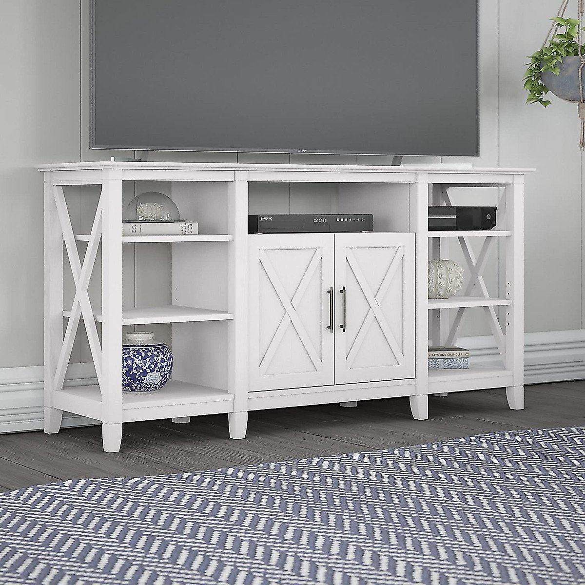 Bush Furniture Key West Tall TV Stand for 65 Inch TV in Pure White Oak, Farmhouse Entertainment Center with Storage