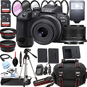 Canon EOS R10 Mirrorless Digital Camera with RF-S 18-45mm f/4.5-6.3 is STM Lens + 128GB Memory + Case + Tripod + Filters (38pc Bundle) (Renewed)