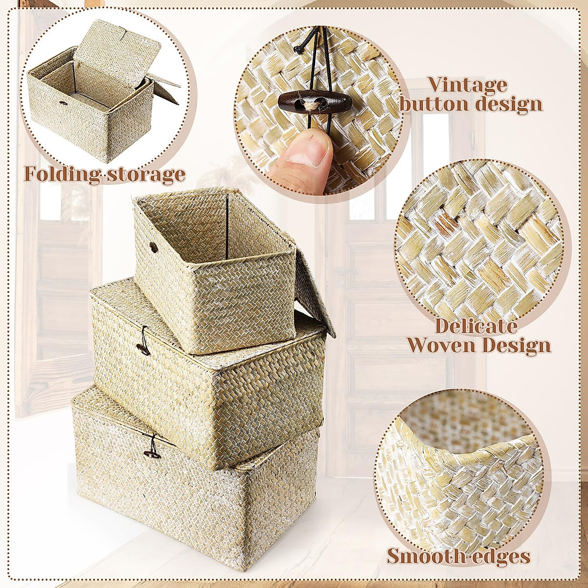 Kigley 6 Pcs Seagrass Basket with Lid Wicker Storage Decorative Boxes with Lids Bin Woven Organizer for Shelf Closet Bedroom, 6 Sizes(Classic Style,White)