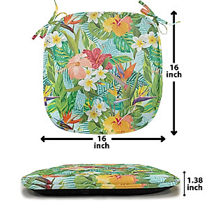 Lunarable Leaf Chair Seating Cushion Set of 6, Vintage Cartoon Style Image of Hawaiian Flowers Crepe Gingers, Anti-Slip Seat Padding for Kitchen & Patio, 16"x16", Fern Green Pale Blue