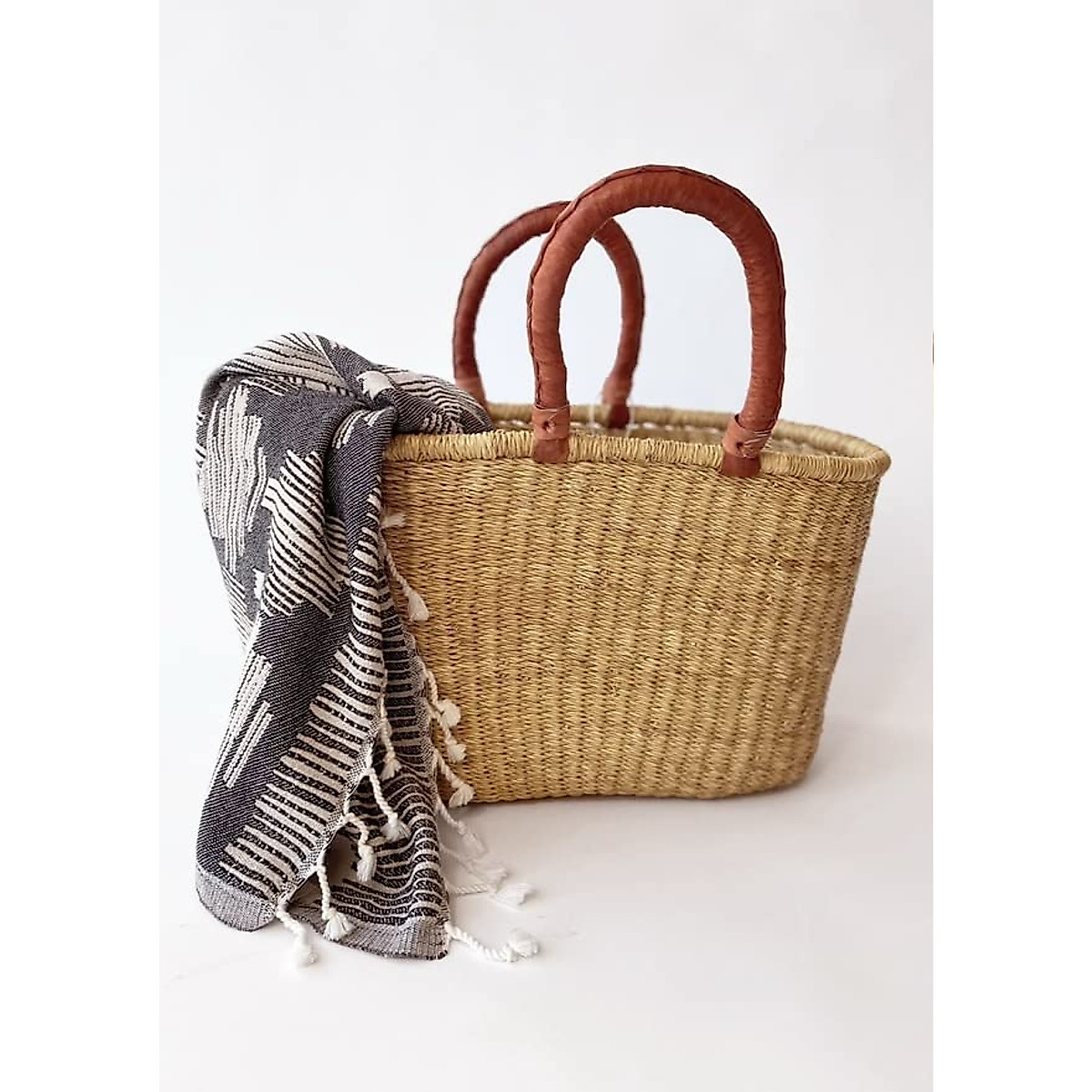 Ghana African Handmade Woven Oval Picnic Shopping Baskets (Natural with Brown Handles)
