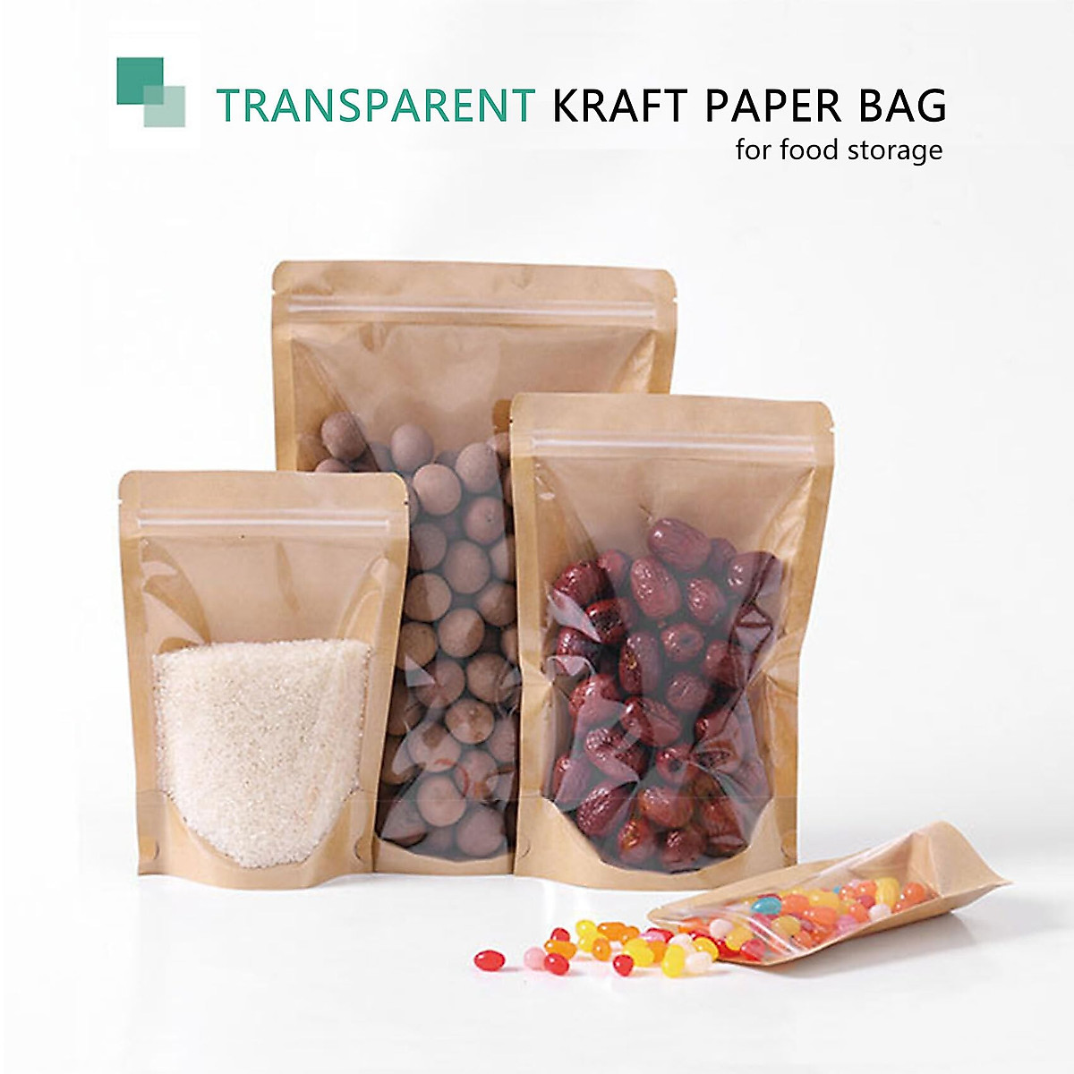 HIBCIGA 50pcs Kraft Bags With Window Clear Fornt Pouches Resealable Stand Up Zip Lock Food Storage Bags Brown 4.7"x7.8"