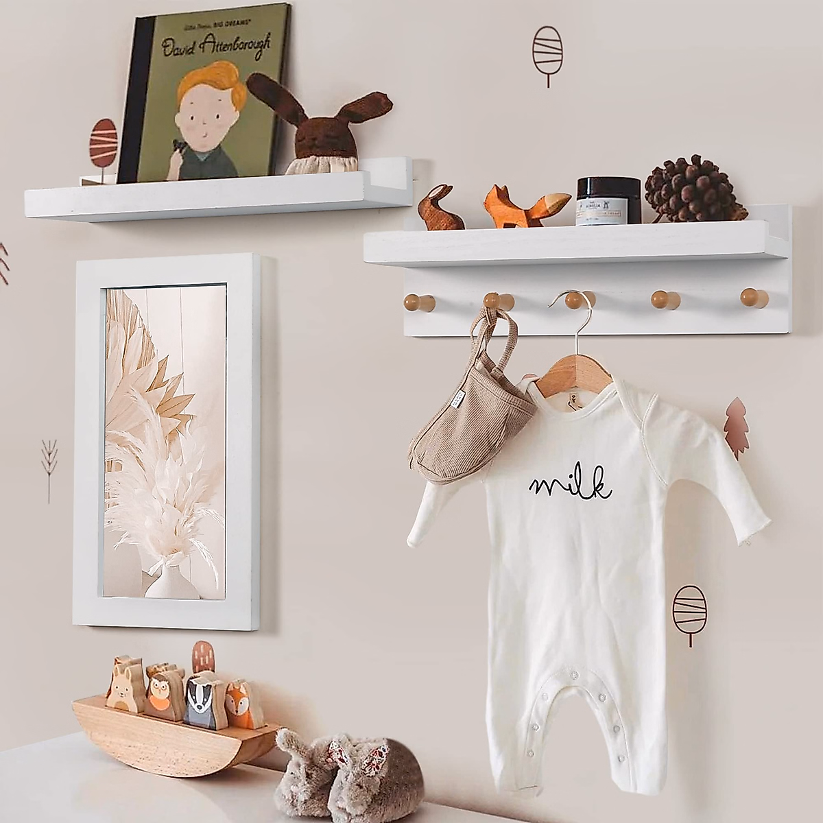 COMAX Nursery Floating Book Shelves with Wall Mirror, Wall Bookshelf for Kids Room Bedroom, Hanging Nursery Book Shelves Wall Mounted Bookshelves, Hanging Baby Book Shelf Nursery Shelves White