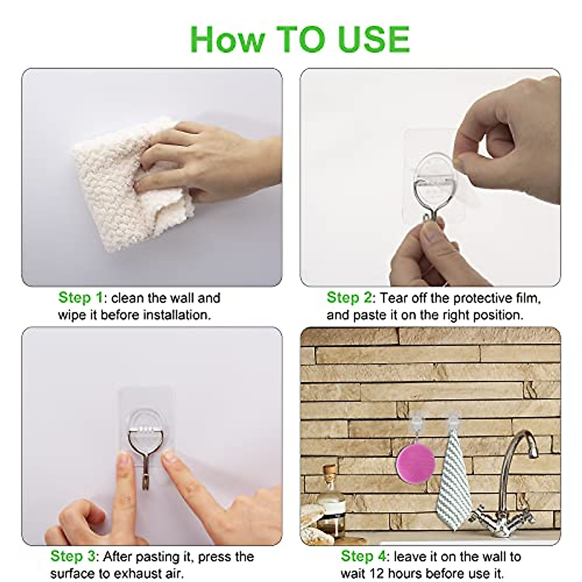 Diesisa Adhesive Wall Hooks Sticky Hooks for Hanging, 8 Packs Adhesive Hooks Reusable Seamless Wall Hook for 13Lb(Max) for Kitchen Bathroom Ceiling - Clear