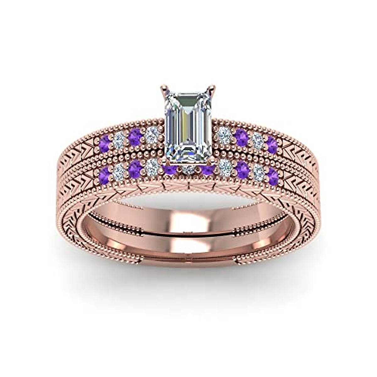 JewelryGift Antique Design Pave Engagement Rings rose gold plated Natural Amethyst Emerald shape purple color Milgrain Engagement Rings pave Setting in Size 10 Casual Wear for Gift